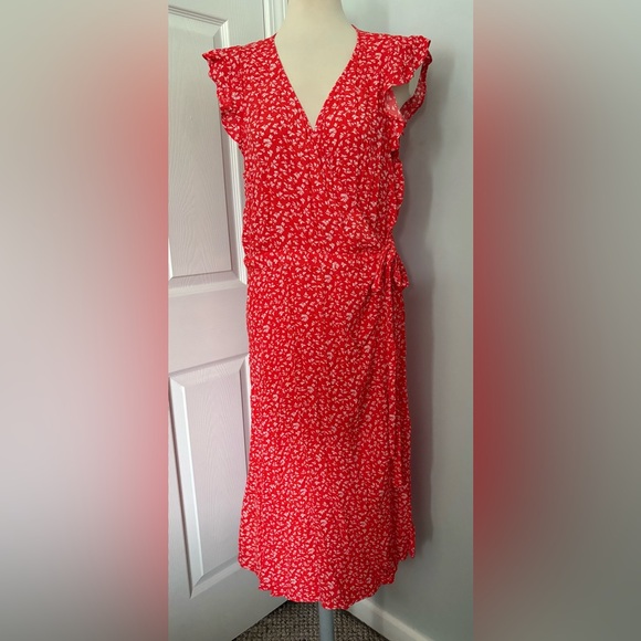 LOFT | Dresses | Nwt Loft Red Floral Ruffle Sleeve Wrap Midi Dress Size ...